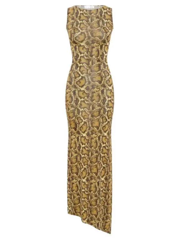 MARINE SERRE Asymmetrical Python Print Maxi Dress - Brown