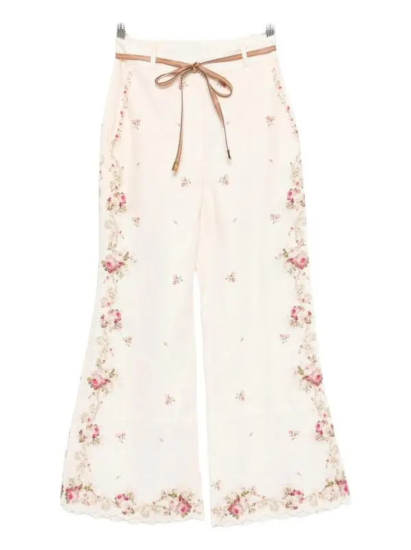 Zimmermann Lace-up Flared Floral Trousers - Cream/pink Rose