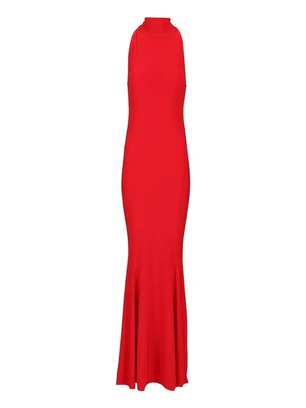 Norma Kamali Halter Turtle Fishtail Gown - Tiger Red