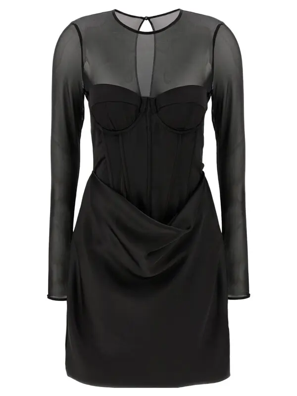 ROTATE BY BIRGER CHRISTENSEN Corset Dress With Sweetheart Neckline And Sheer Sleeves - Black