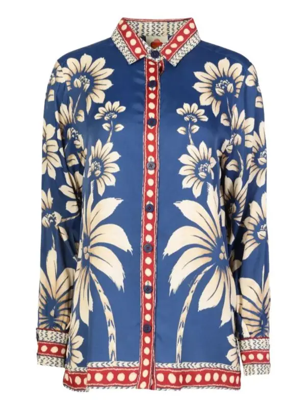Farm Rio Floral Printed Long Sleeve Shirt - Blue