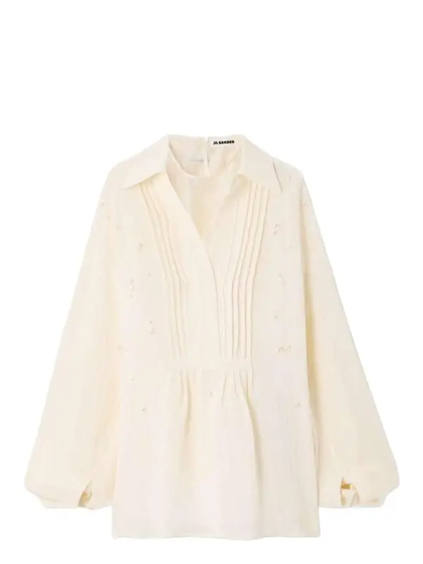 JIL SANDER Long Sleeve Blouse With Pearl Embellishments - Neutral