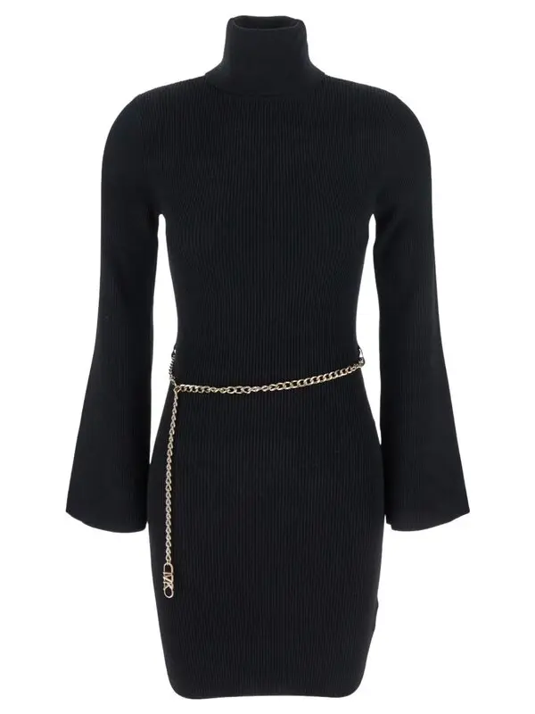 Michael Kors Ribbed High Neck Mini Dress With Chain Belt - Black