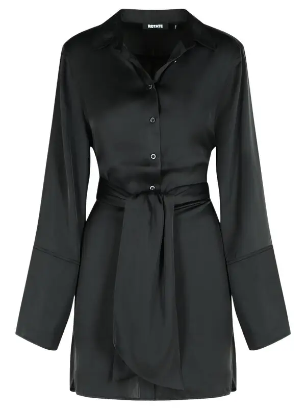 ROTATE BY BIRGER CHRISTENSEN Mini Shirt Dress With Belted Waist And Long Sleeves - Black