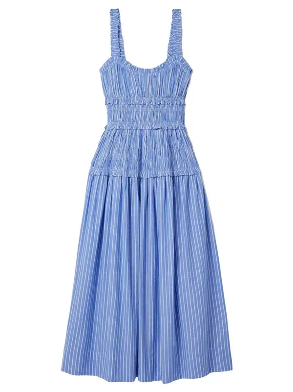 DÔEN Marianne Striped Cotton Poplin Midi Dress - Blue