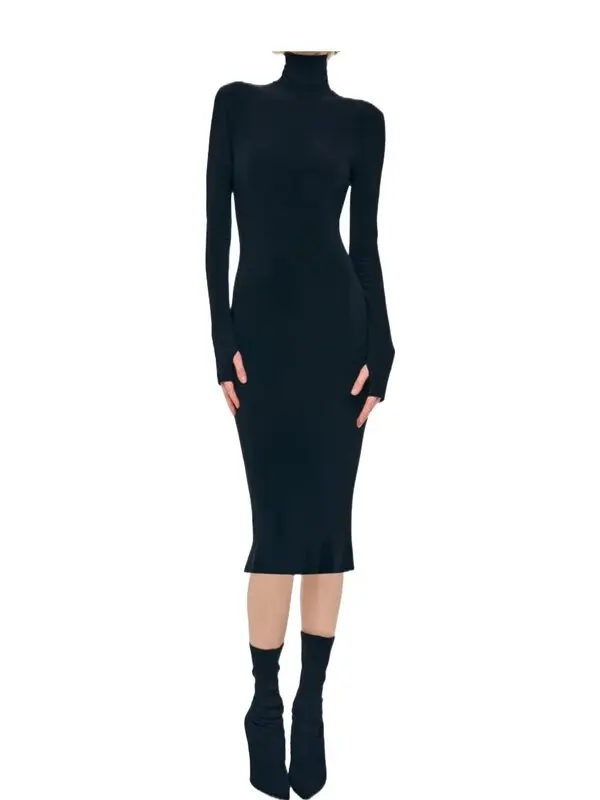 Norma Kamali Long Sleeve Turtleneck Midi Dress - Black