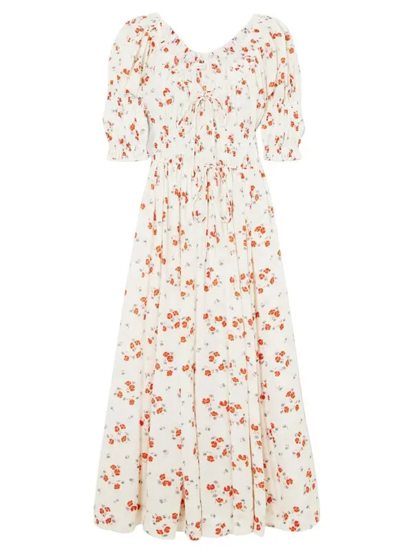 DÔEN Ischia Maxi Dress With Puff Sleeves And Pleated Waist Ties - White