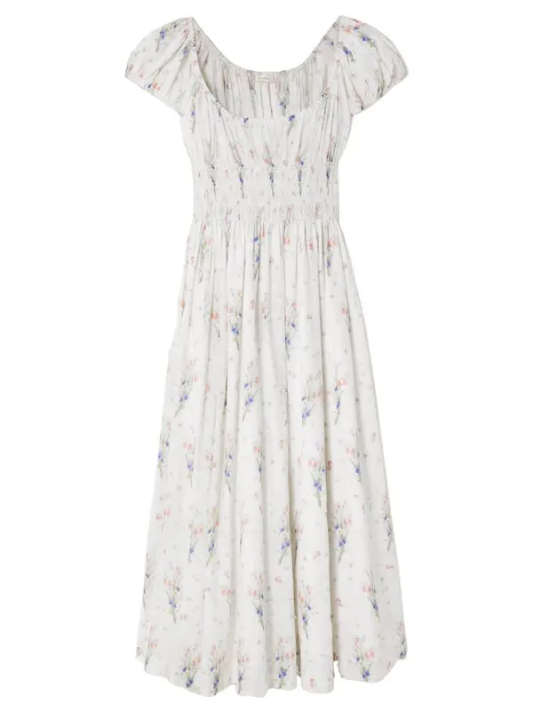 DÔEN Shirred Floral-print Midi Dress - Off White