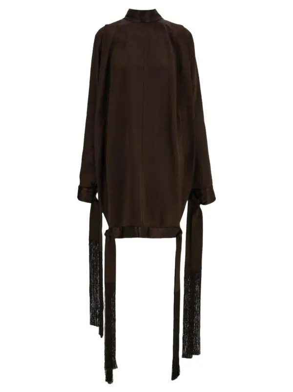FERRAGAMO High Neck Batwing Sleeve Mini Dress With Tassels - Espresso
