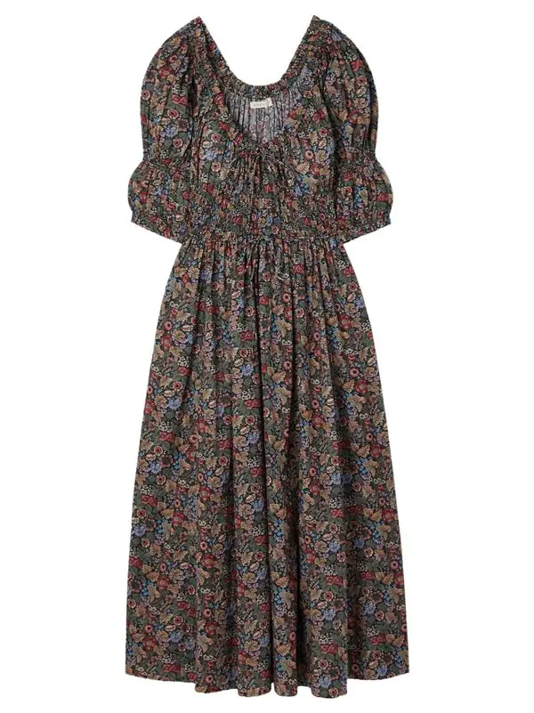 DÔEN Ischia Shirred Floral-print Organic Cotton-voile Midi Dress - Multi-color