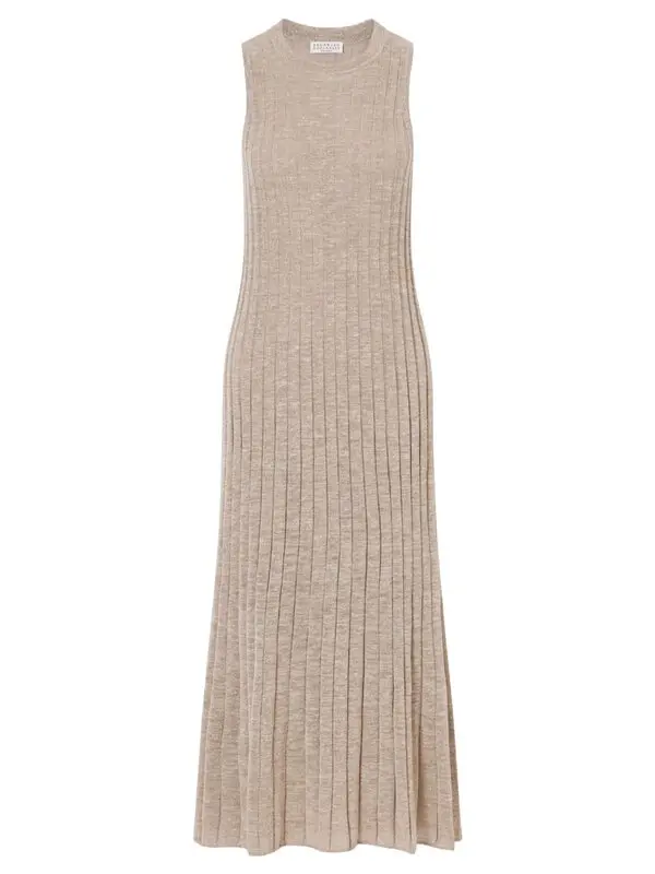 Brunello Cucinelli Sleeveless Round Neck Ribbed Knit Dress - Beige