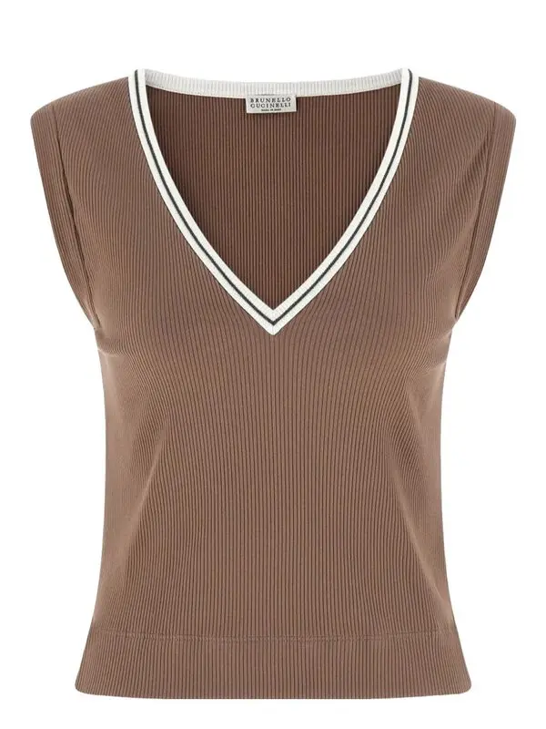 Brunello Cucinelli Ribbed-knit Sleeveless Top With Monile Detail - Brown
