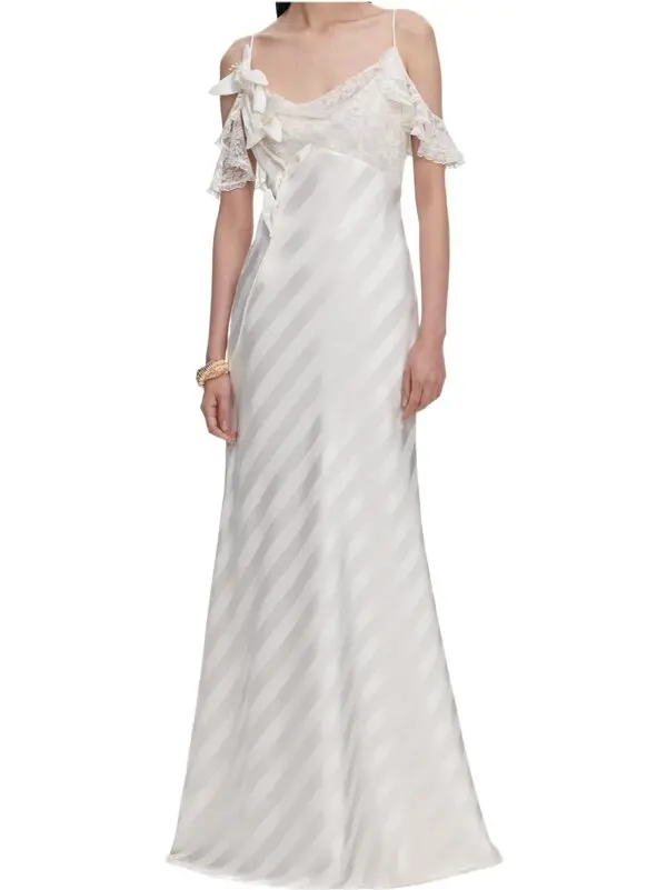 SELF-PORTRAIT Lace Trimmed Striped Maxi Dress - Cream