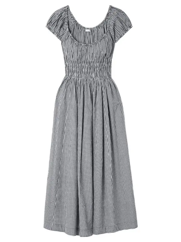 DÔEN Quinley Gingham Check Pleated Midi Dress - Gray