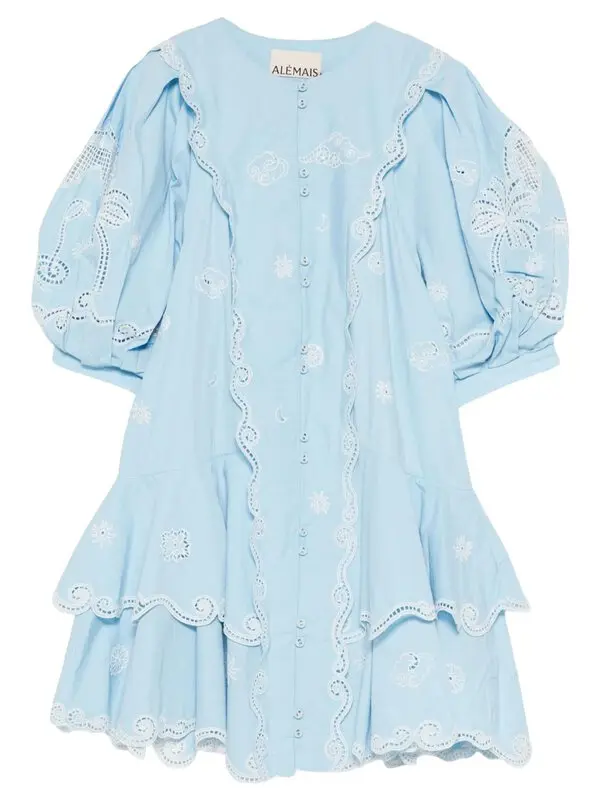 ALEMAIS Maizy Embroidered Puff-sleeve Mini Dress - Blue