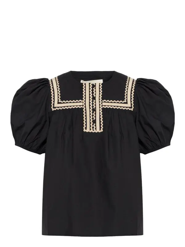 Ulla Johnson Puff Sleeve Top With Scalloped Trim - Black