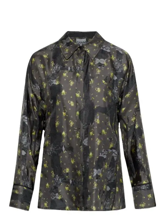 GANNI Floral Print Silk Shirt - Black