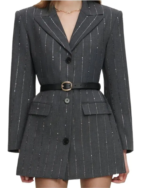 SELF-PORTRAIT Rhinestone Embellished Belted Blazer - Grey