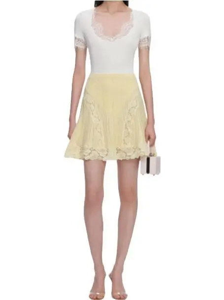 SELF-PORTRAIT Lace Trim Mini Skirt - Yellow