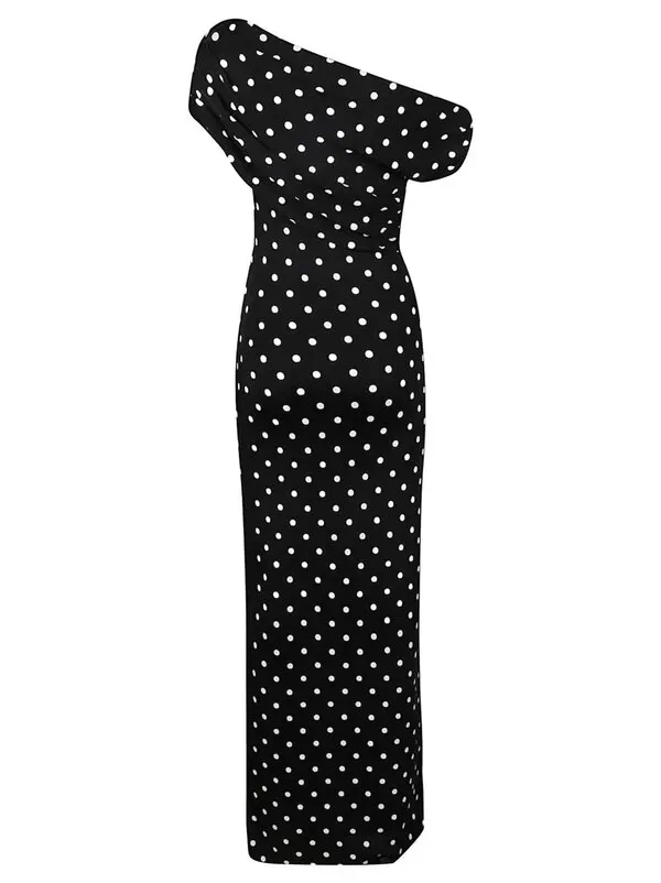 SELF-PORTRAIT Polka Dot Draped Knit Midi Dress - Black