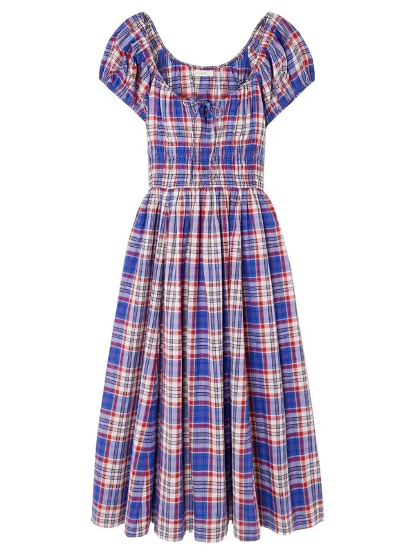 DÔEN Quinn Checked Shirred Cotton-poplin Midi Dress - Blue