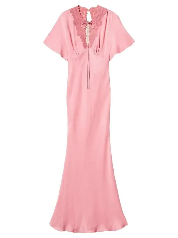 TWINSET Short Sleeve Maxi Dress With Embroidered Neckline - Pink