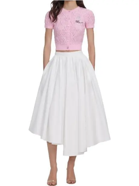 SELF-PORTRAIT Pointelle Knit Cropped Top With Floral Embroidery - Pink