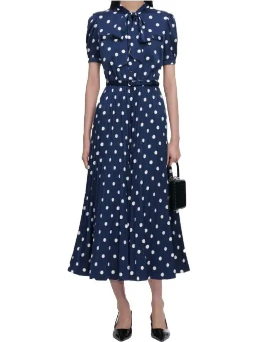 SELF-PORTRAIT Polka Dot Pleated Midi Dress With Pussy Bow - Navy Blue
