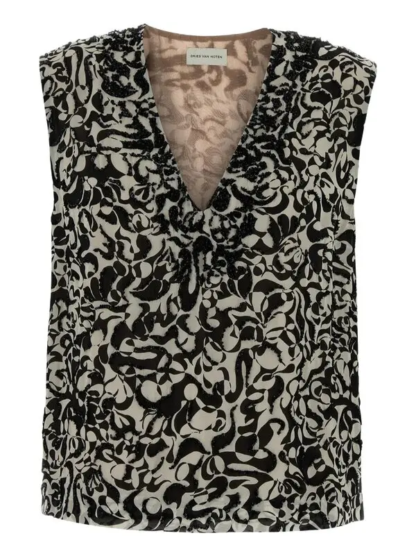 Dries Van Noten Sleeveless Printed Embroidered Top - Black