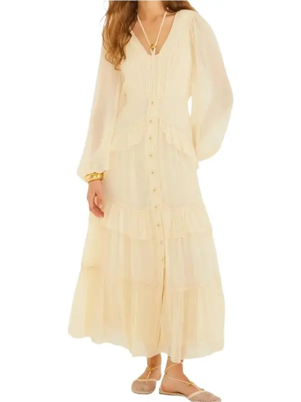 Farm Rio Ruffled Maxi Dress With V-neck And Long Sleeves - Nude