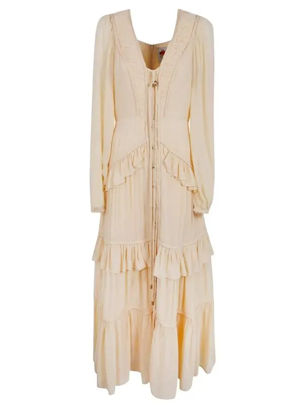 Farm Rio Ruffled Maxi Dress With V-neck And Long Sleeves - Yellow