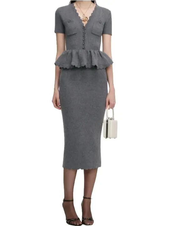SELF-PORTRAIT Peplum Midi Dress - Grey