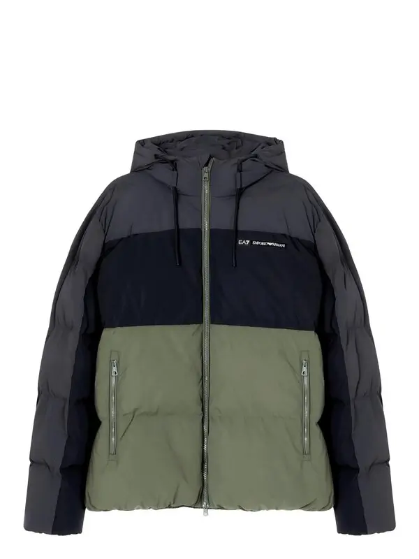 EA7 Color Block Hooded Puffer Jacket - Gray/olive Green