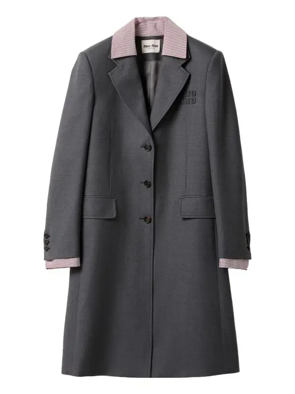 Miu Miu Single-breasted Gabardine Coat With Detachable Striped Collar And Cuffs - Bituminous Ash Free