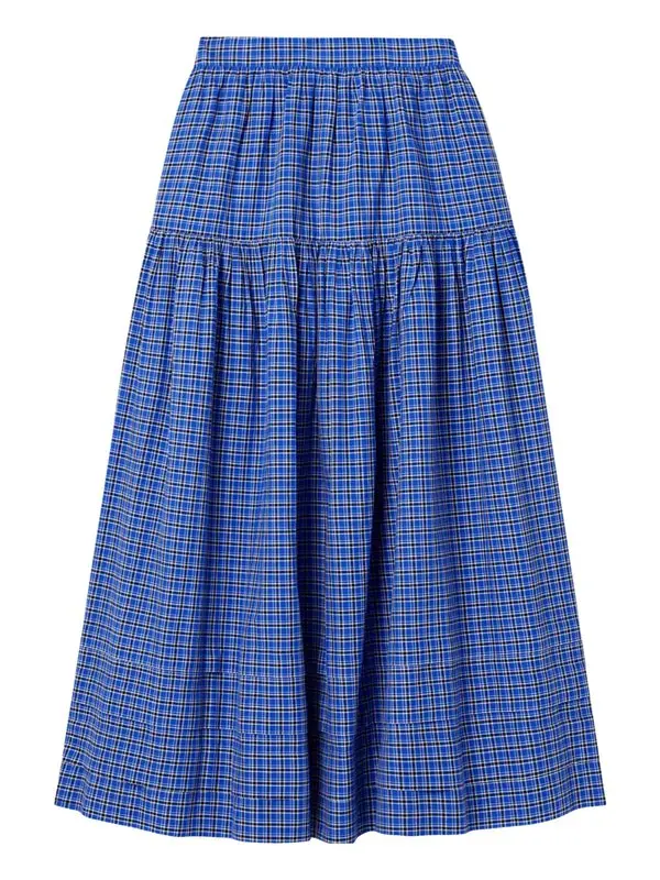 DÔEN Sebastiane Plaid Tiered Maxi Skirt - Blue