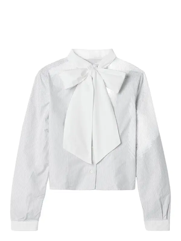 Thom Browne Cropped Striped Cotton Oxford Shirt With Poplin Bow Detail - Grey