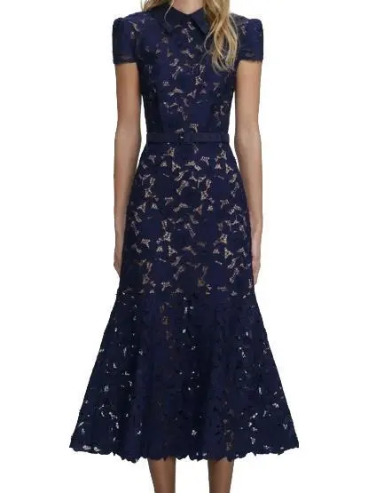 SELF-PORTRAIT Lace Midi Dress With Turn-down Collar And Belted A-line Hem - Black