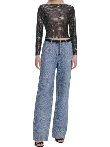 SELF-PORTRAIT Crocodile-effect High Waist Straight Leg Jeans - Blue