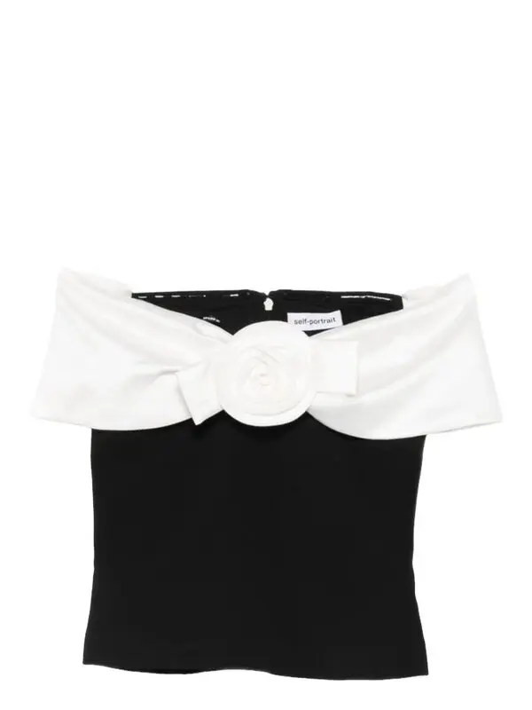 SELF-PORTRAIT Crepe Off-shoulder Top With Sculptural Corsage - Black
