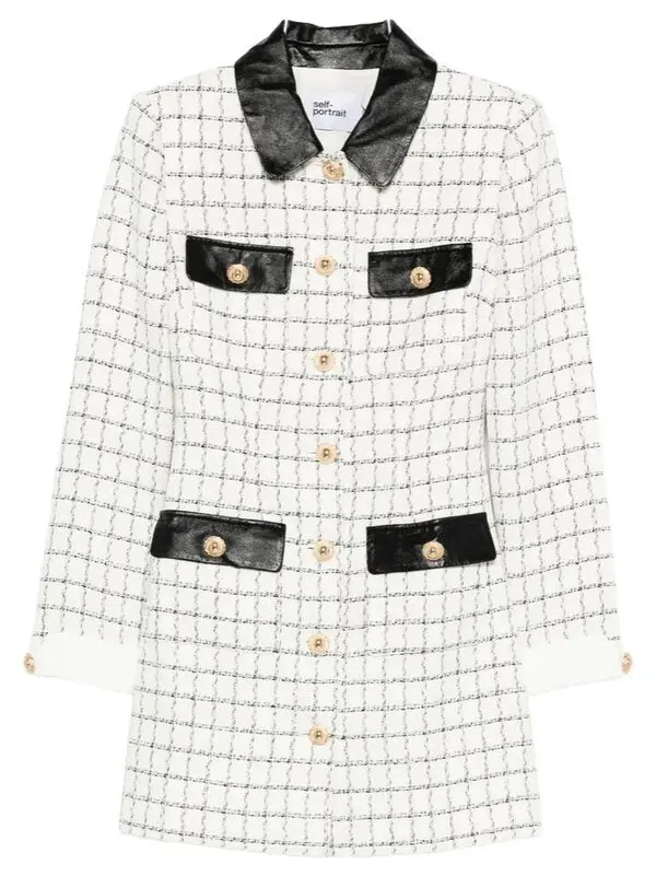 SELF-PORTRAIT Checked Leather-trimmed Mini Dress - Cream