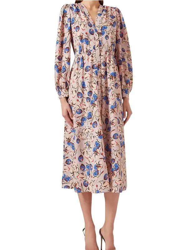 Marella Remora Printed V-neck Puff Sleeve Dress - Pink