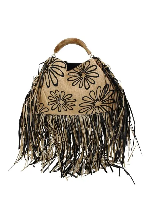 Farm Rio Floral Fringe Tote Bag - Black
