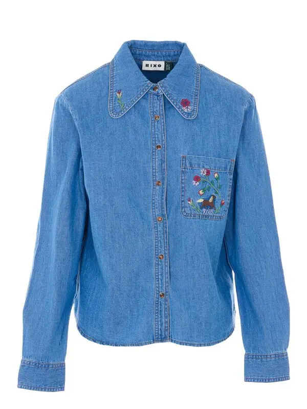 Rixo Edaline Chambray Shirt With Embroidery - Blue