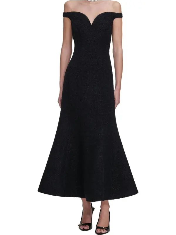 SELF-PORTRAIT Off-shoulder Boucle Midi Dress - Black