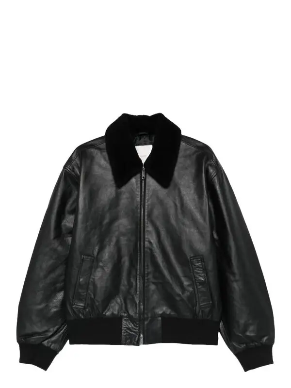Calvin Klein Leather Bomber Jacket With Shearling Collar - Black