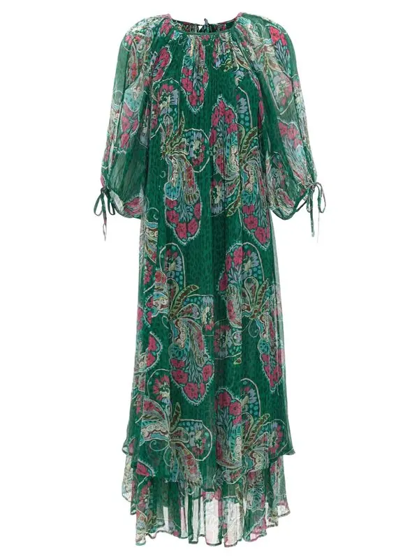Rixo Floral Print Maxi Dress With Drawstring Cuffs - Green