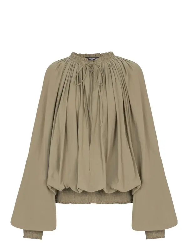 Balmain Cotton Blouse With Tie-up Neck And Pleated Details - Green