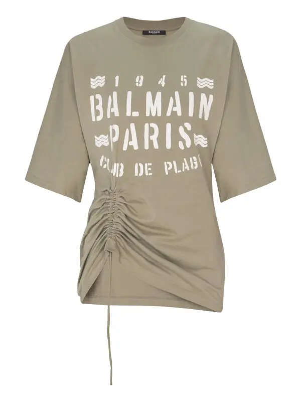 Balmain Club Print T-shirt With Drawstring Detail - Green