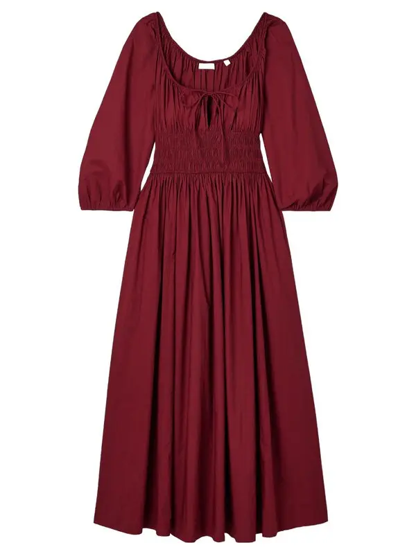 DÔEN Quintessa Tie-detailed Shirred Organic Cotton-poplin Midi Dress - Wine Red