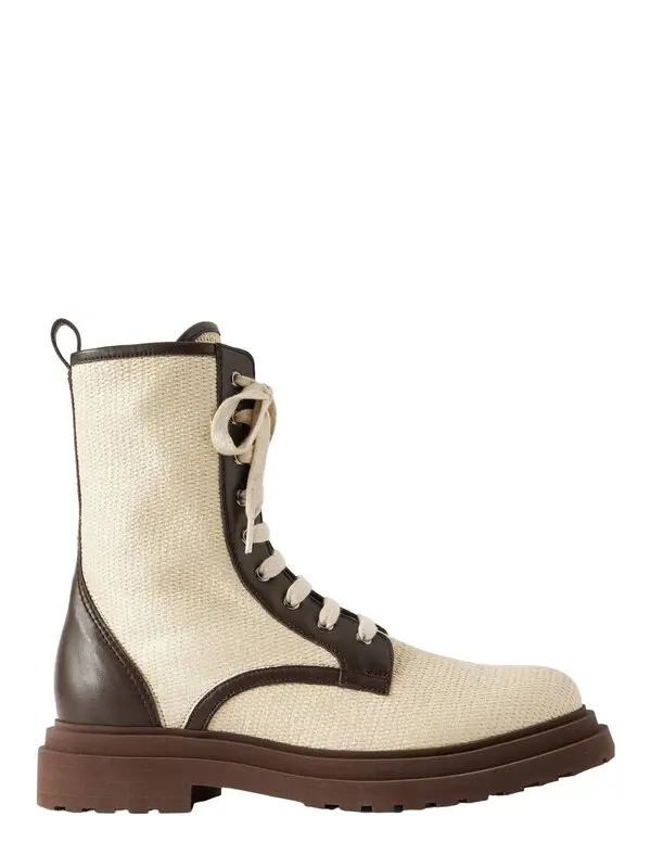 Brunello Cucinelli Lace-up Leather And Canvas Boots - White, Brown